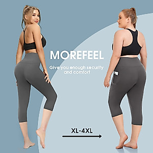 MOREFEEL Plus Size Capri Yoga Pants for Women with Pockets-Stretchy X-4XL Tummy Control High Waist Workout Black Leggings