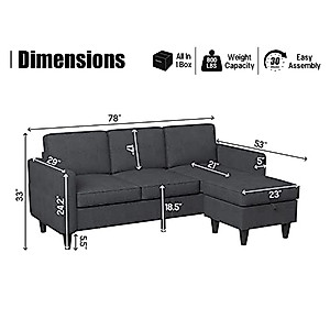 Dark Grey Convertible Sectional, Modern Linen Fabric Upholstered L-Shaped Couch with Armrest Pockets 3-Seat Sofa with Reversible Storage Ottoman for Living Room Small Space Apartment