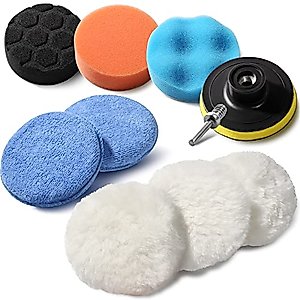BOKA 3 Inch Wool Buffing Polishing Pad Kit, 10 PCS Drill Buffer Attachment, Buffing Wheel for Drill with M14 Drill Adapter, 3 × Wool Buffing pad 3", 1 × Foam Polisher pad, 2 × Wax applicator 5"