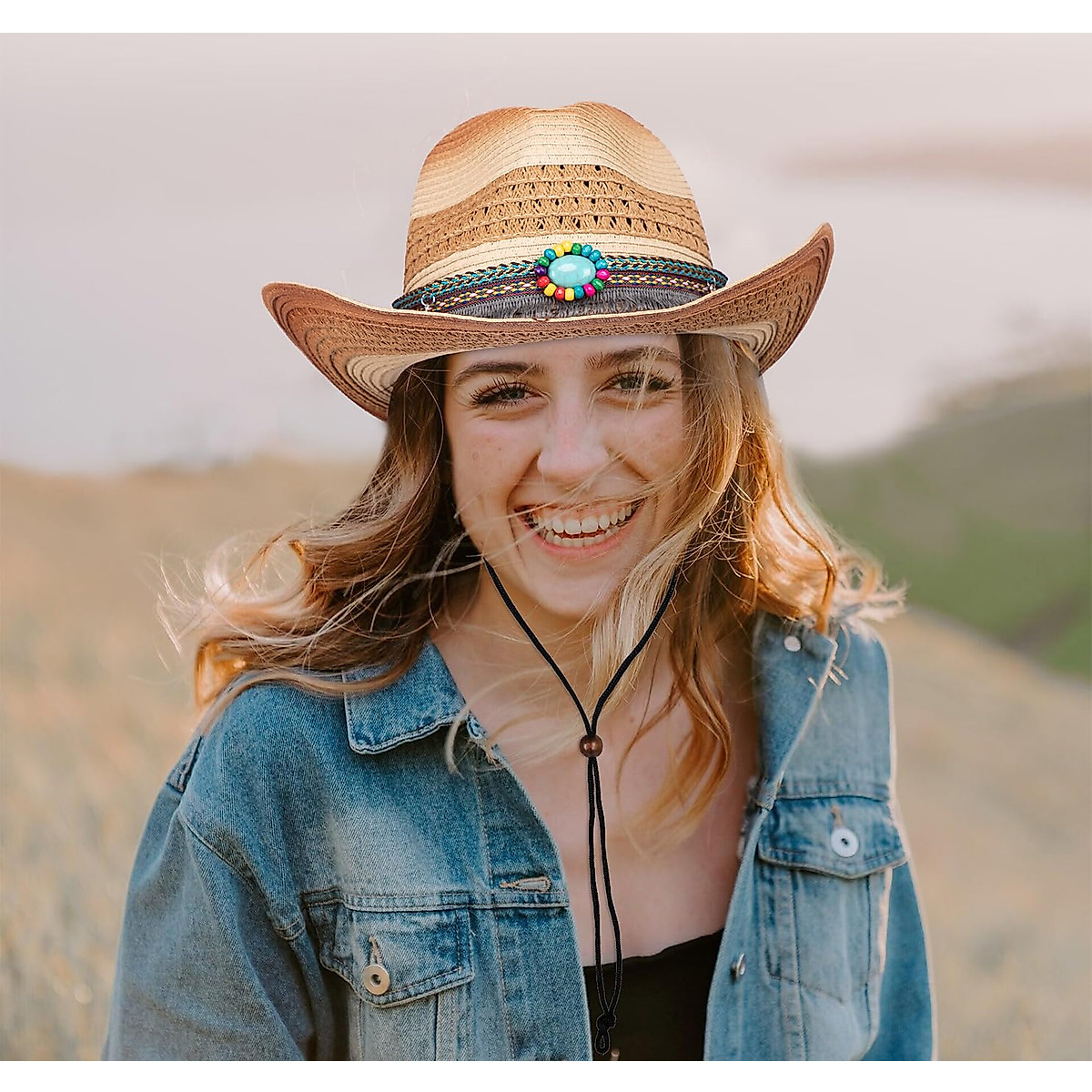Cowboy Cowgirl Straw Hat with Bands for Women - Western with Wide Brim for Coastal Sun Beach Summer Ivory