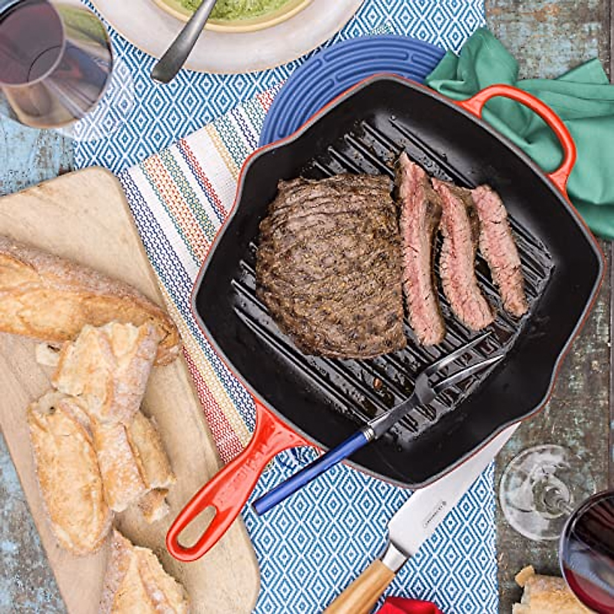Le Creuset Enameled Cast Iron Signature Square Skillet Grill, 10.25", Cerise