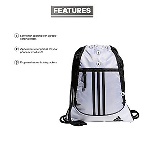 adidas Alliance Sackpack, Drawstring, Lightweight Small Gym Bag for Women, Soccer Backpack, White/Black/Black, One Size