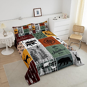 Cabin Retro Rustic Lodge Comforter Set, Bear Deer Country Bedding Twin, Hunting Wild Animal Quilt Plaid Check Adventure Themed Bedding Comforter Sets For Kids Boys Teens Adult Men Bedroom Decor