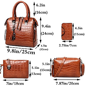 Women Handbag and Purse 4pcs Wax PU Tote Set Shoulder Top Handle Bag Satchel Clutch Card Holder wtih Tassel Brown