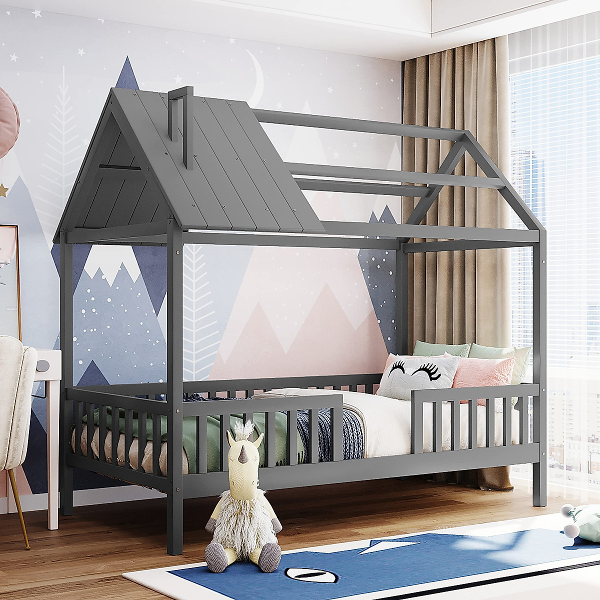 MERITLINE Twin House Bed Kids Montessori Beds Playhouse Tent Bed, Solid Wood Platform Bed Frame with Fence and Roof for Kids Teens Adults (Twin Size, Gray)