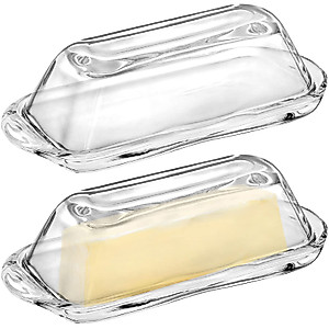 Okllen 2 Pack Glass Butter Dish with Lid, Large Butter Container Classic Butter Holder with Cover, Butter Keeper Saver, BPA Free, Dishwasher Safe, Clear