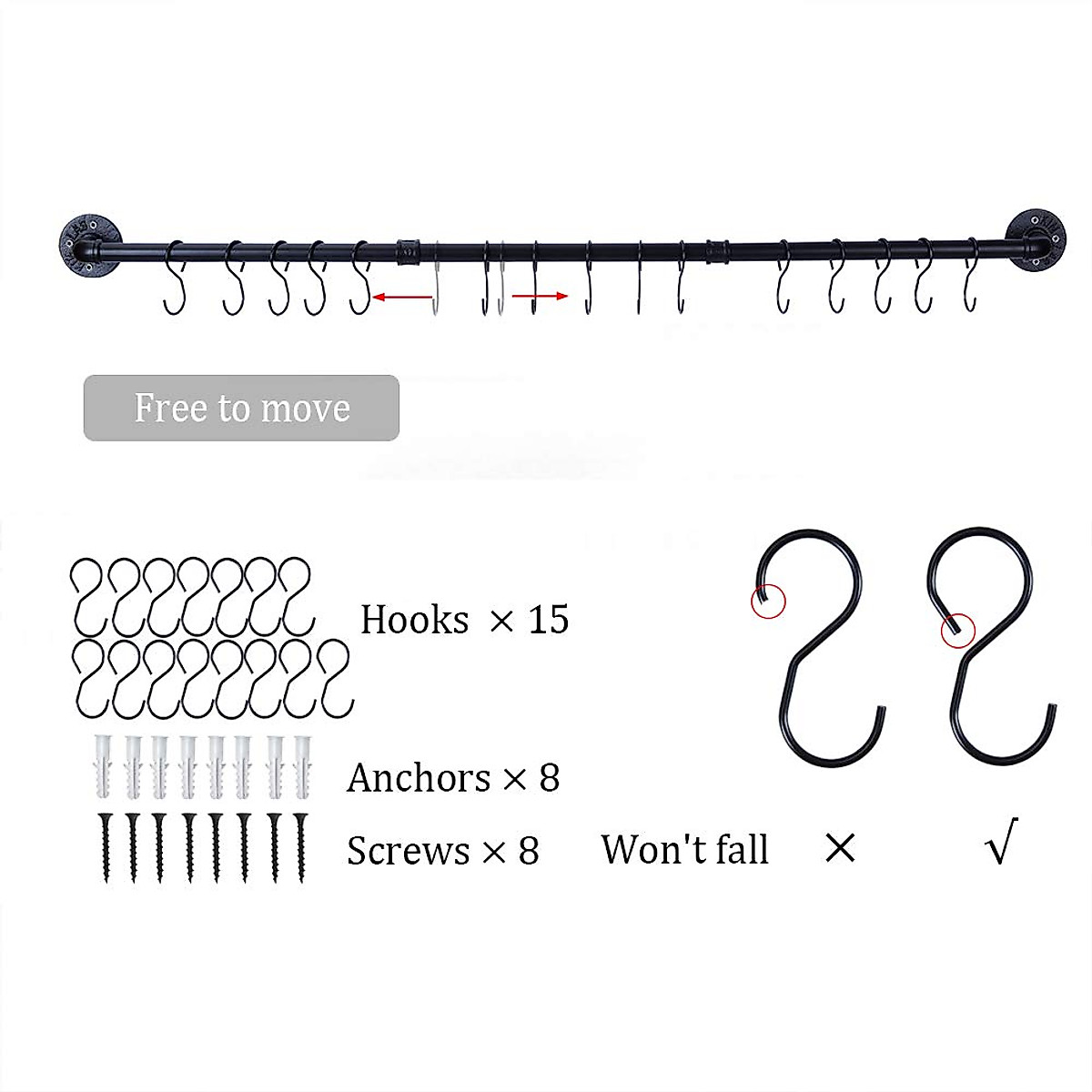 WuGeShop 50.4 Inch Pot Bar Rack with 15 Hooks, Pipe Pot Rack Wall Mounted Hanging Pan Organizer, Multipurpose Industrial Rail Kitchen Lids Utensils Hangers