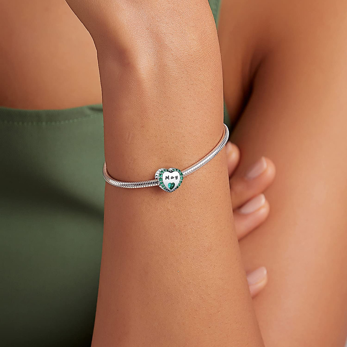 TIZU 925 Sterling Silver May Birthstone Charms for Pandora Bracelet Love Heart Beads Charm Happy Birthday Mother's Day Christmas Jewelry Gift for Women