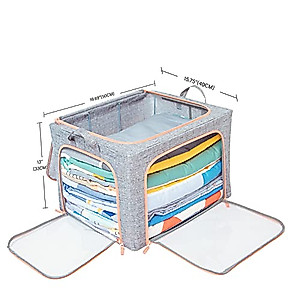 Tasmegol 2 Pack 66L Linen Fabric Clothes Storage Organizer Bins with 3 Opening Stackable Steel Frame Clothing Closet Containers Bags Foldable Clear Window Cloth Box for Sweater Bedding (Grey)