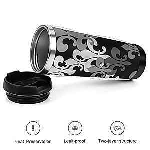 Seamless Black Grey Fleur De Lis Flowers on Black Dark Stainless Steel Water Bottle, Double Walled with Handle Cup Bottle 13 Oz, Leak-Proof Hot Cold Insulated Travel Mug