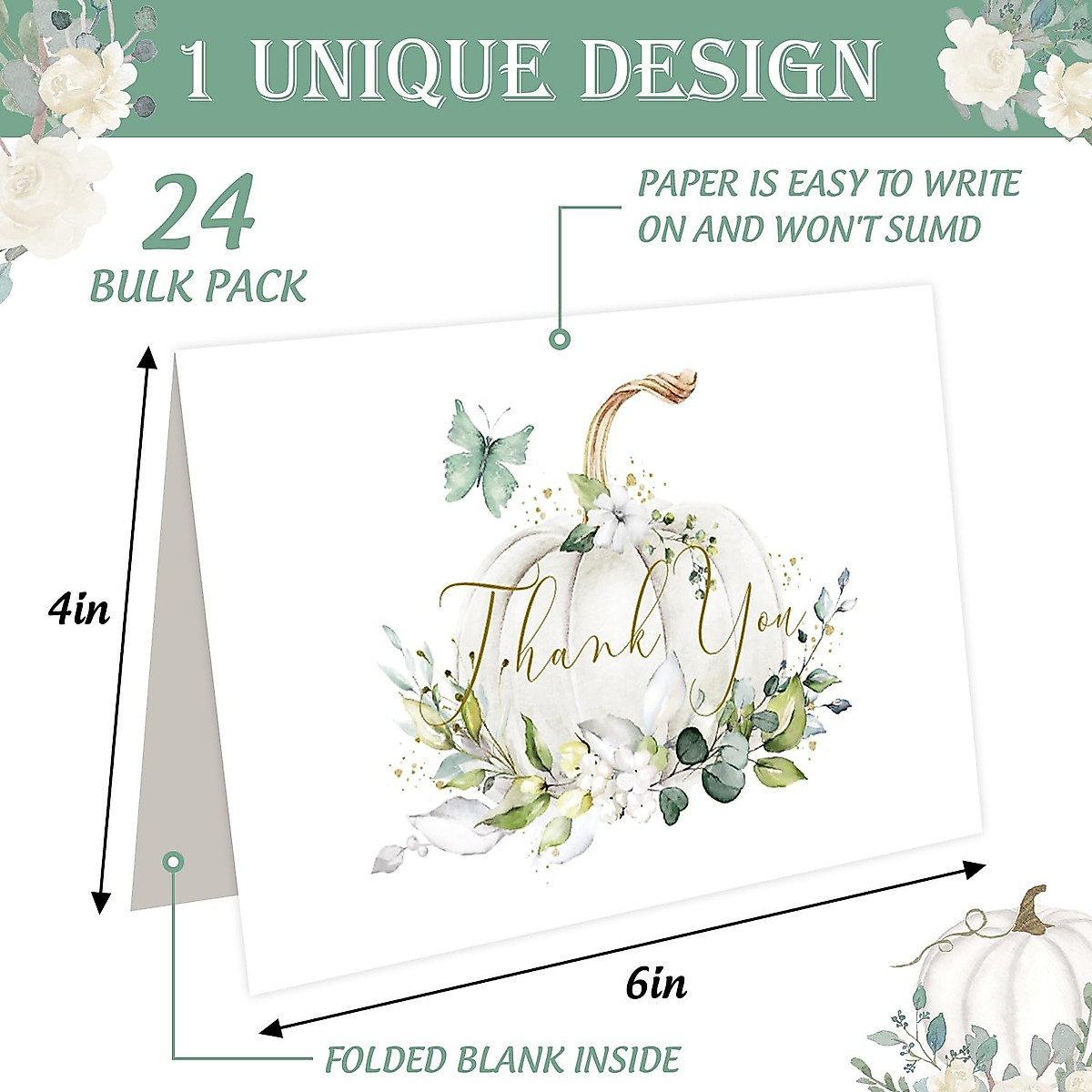 Quera 24 Pack Fall Thank You Cards Floral Pumpkin Autumn Blank Greeting Cards With Envelopes Stickers For Fall Baby Shower Weddings Thanksgiving Bridal Shower - 4x6 Inch