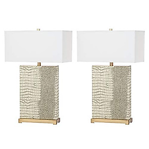 SAFAVIEH Lighting Collection Joyce Modern Art Deco Cream Faux Snakeskin Rectangle Shade 28-inch Bedroom Living Room Home Office Desk Nightstand Table Lamp Set of 2 (LED Bulbs Included)