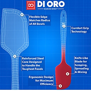 DI ORO - Large Silicone Spatula - 600ºF Heat-Resistant Spatula - Seamless Design - Pro-Grade Non-Stick Silicone Rubber with Reinforced Stainless Steel S-Core Technology (RED)