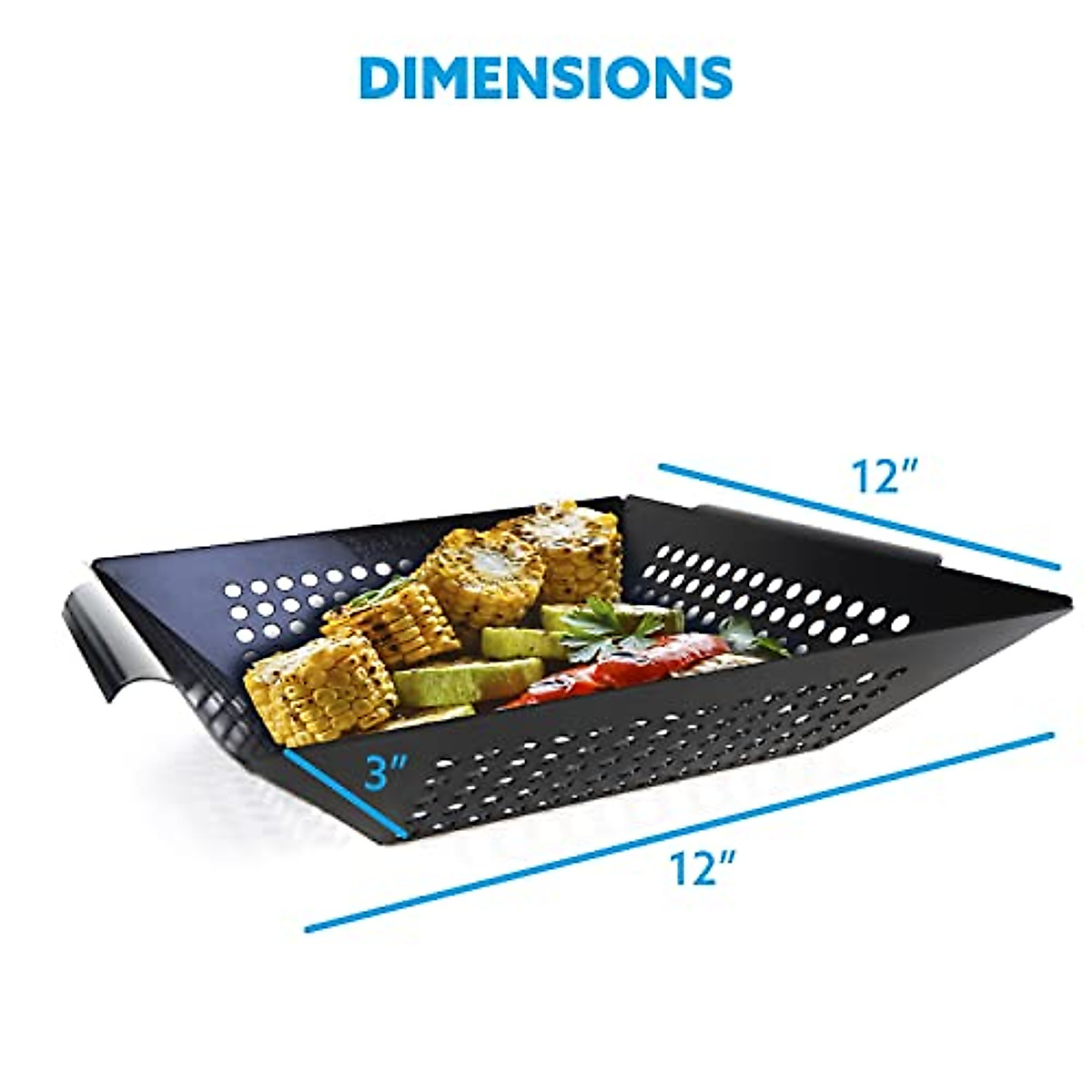 Kona Best Vegetable Grill Basket - Safe/Clean Porcelain Enameled BBQ Grilling Basket (Large 12x12x3 inches) for Veggies, Kabobs, Seafood, Meats