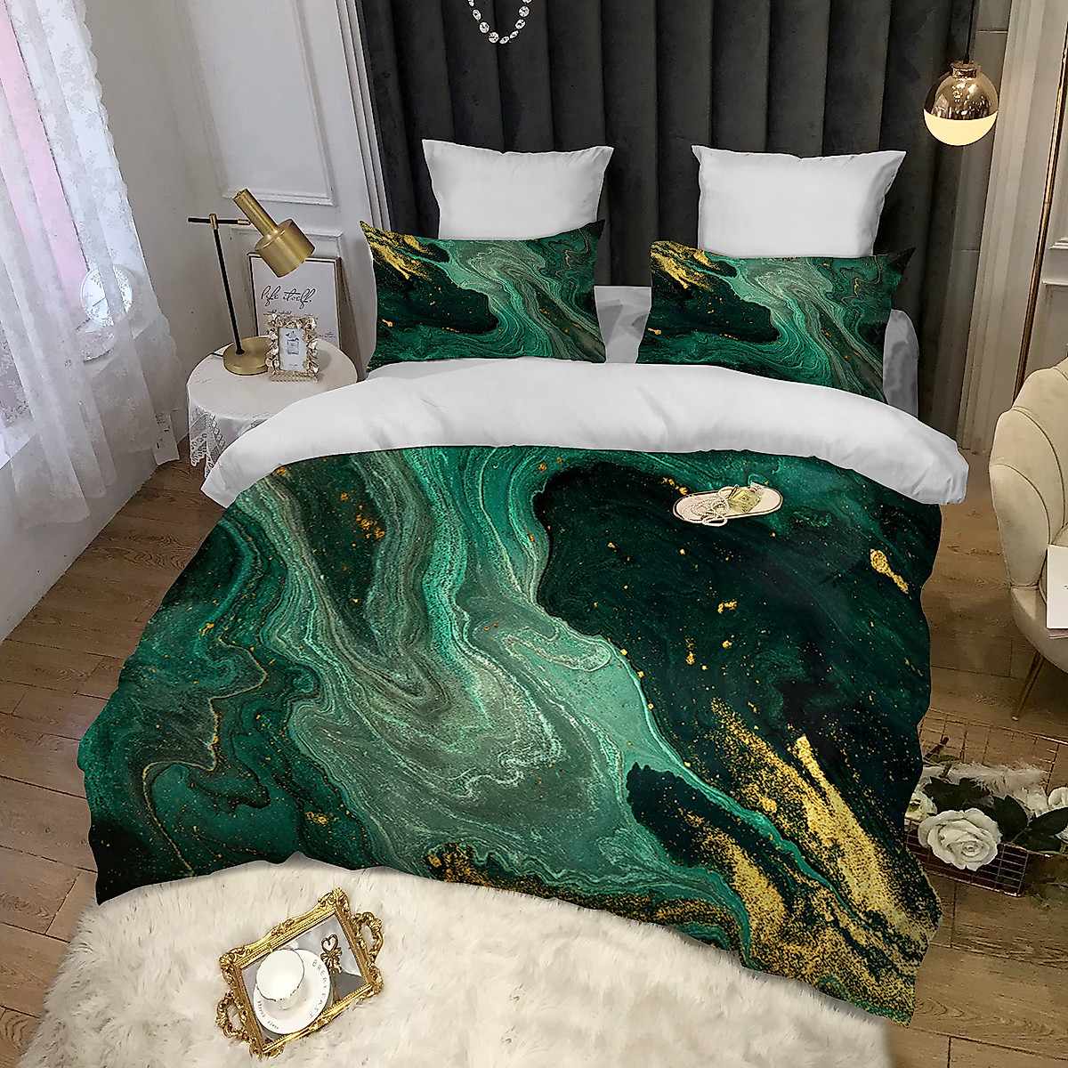 TOPTREE Green Marble Duvet Cover Queen - Soft Emerald Green Bedding Set with Gold Powder Print Pattern 3piece Forest Green Marble Bed Set for Women Adults (Queen, Agate Ripple)