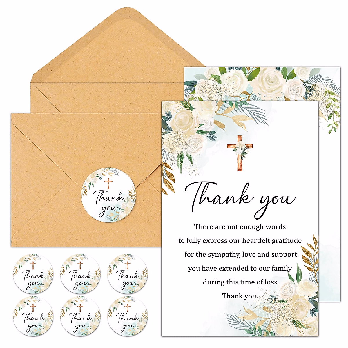 BYBOUS 50 Pack Funeral Thank You Cards with Envelopes, 4×6 In Watercolor Flowers Sympathy Thank You Cross Bereavement Card for Funeral Memorial Family Friends Loved Ones Celebration of Life