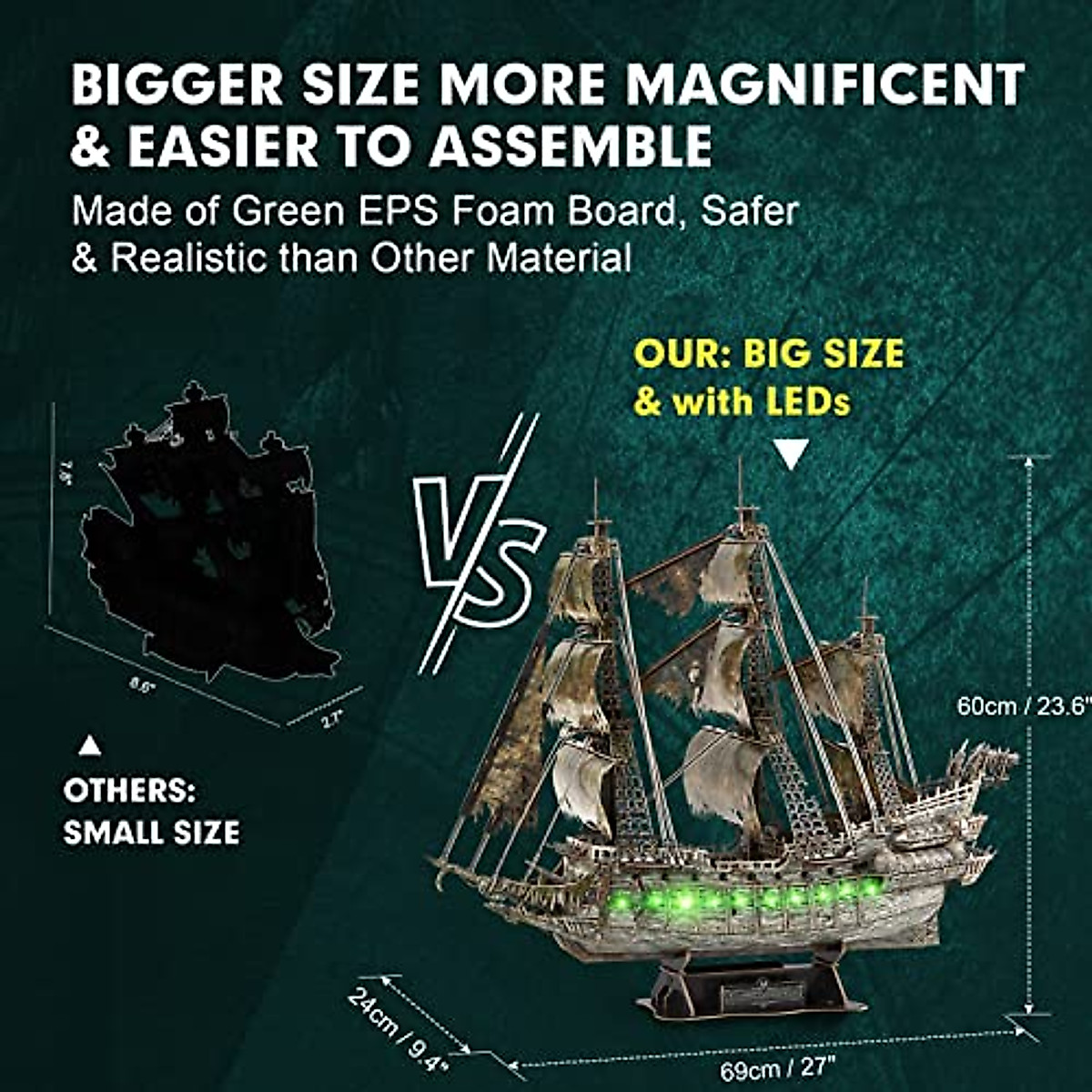 3D Puzzles for Adults Green LED Flying Dutchman 360 Pieces Haunted Pirate Ship Arts & Crafts for Adults Gifts for Men Women Model Kits, Lighting Ghost Ship Decor Brain Teaser Puzzles for Adults