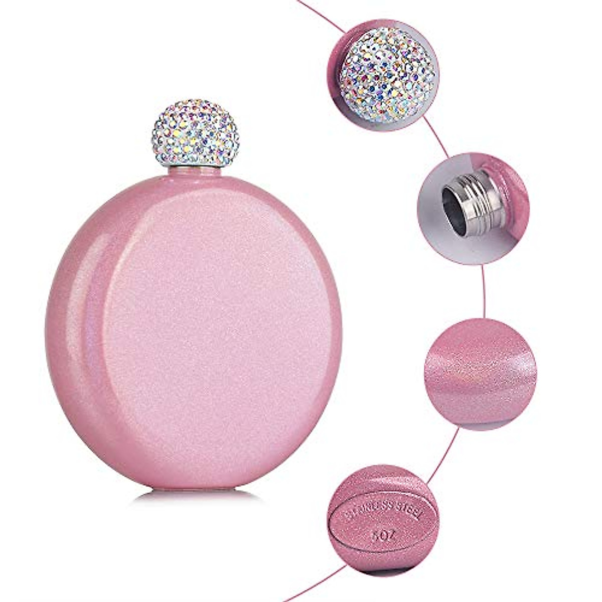Cute Liquor Flask for Women, Junya 304 Stainless Steel,Pretty Glitter Coating Whiskey Flasks,Shining Rhinestone Cap,Portable Wine Flask for Drink Bar BBQS and Traveling,Capacity 5 oz (Pink)