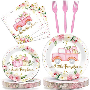 Thankgiving Pink Little Pumpkin Paper Plates Napkins Pink Pumpkin Baby Shower Birthday decorations Girl Tableware A Little Pumpkin is On Her Way Disposable Plates Party Supplies 24 Guest