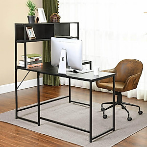 RIDFY Industrial L-Shaped Desk with Hutch, Reversible Corner Computer Desk with Storage Shelves, Home Office Study Writing Desk Computer Workstation with Storage Bookshelf, Black