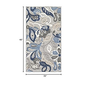 HomeRoots 2’ x 4’ Blue Gray Jacobean Floral Indoor Outdoor Area Rug