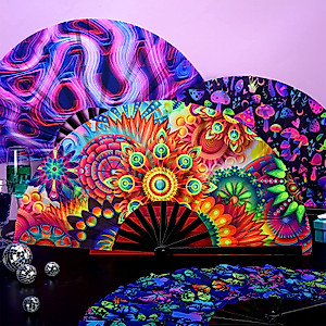 BBTO 4 Pcs UV Glow Large Folding Hand Rave Fan for Men Women Chinese Japanese Bamboo Folding Clack Hand Fan for EDM Music Festival Club Party Dance Performance Gift, 4 Styles, 25"(Fresh)