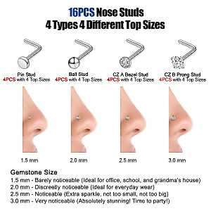 Ldurian 22PCS Nose Rings Studs | Nostril Piercing Jewelry Titanium Nose Stud Ring | Surgical Steel Nose Piercing Kit Jewelry | L Shape 20G Nose Studs Set