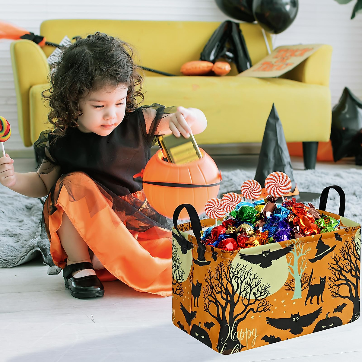 KUNRO Owl Pattern Halloween Storage Gift Basket Canvas Storage Bins with Handles Rectangle Storage Cubes Organizer for Bedroom Living Room