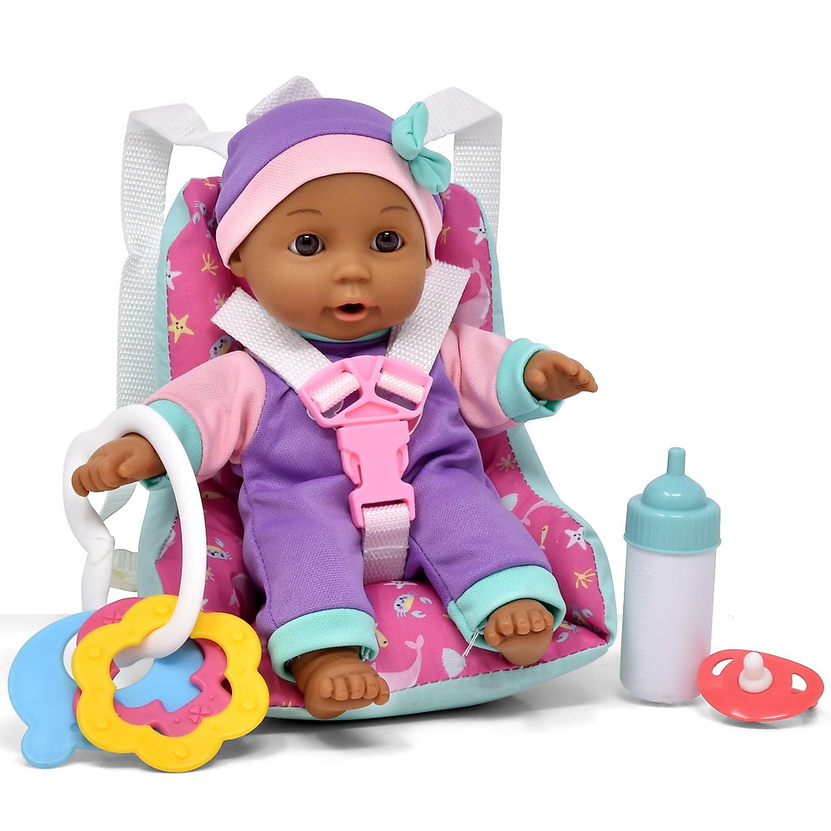 Dolls To Play Baby Doll Car Seat with Toy Accessories, Includes 10 Inch Soft Body Baby Doll, Booster Seat Carrier, Rattle Toy, Bib and Bottle, A Travel Gift Set for Toddlers Infants Girls and Boys