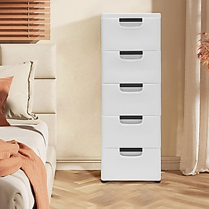 Ringmaster Vertical Stackable Drawers Dresser,5 Tier Clothes Storage Tower with 4 Wheels and 5 Drawers,Storage Organizer Rack Movable Storage Cabinet Closet for Clothes,Towels,Toys (White)