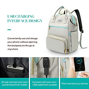 Lunch Backpack for Women, 15.6 Inch Laptop Backpack with USB Port, Stylish School Backpack Teacher Nurse Work Bag with Insulated Cooler Lunch Box for Women Men/Girls/ Business/Travel,Grey Blue