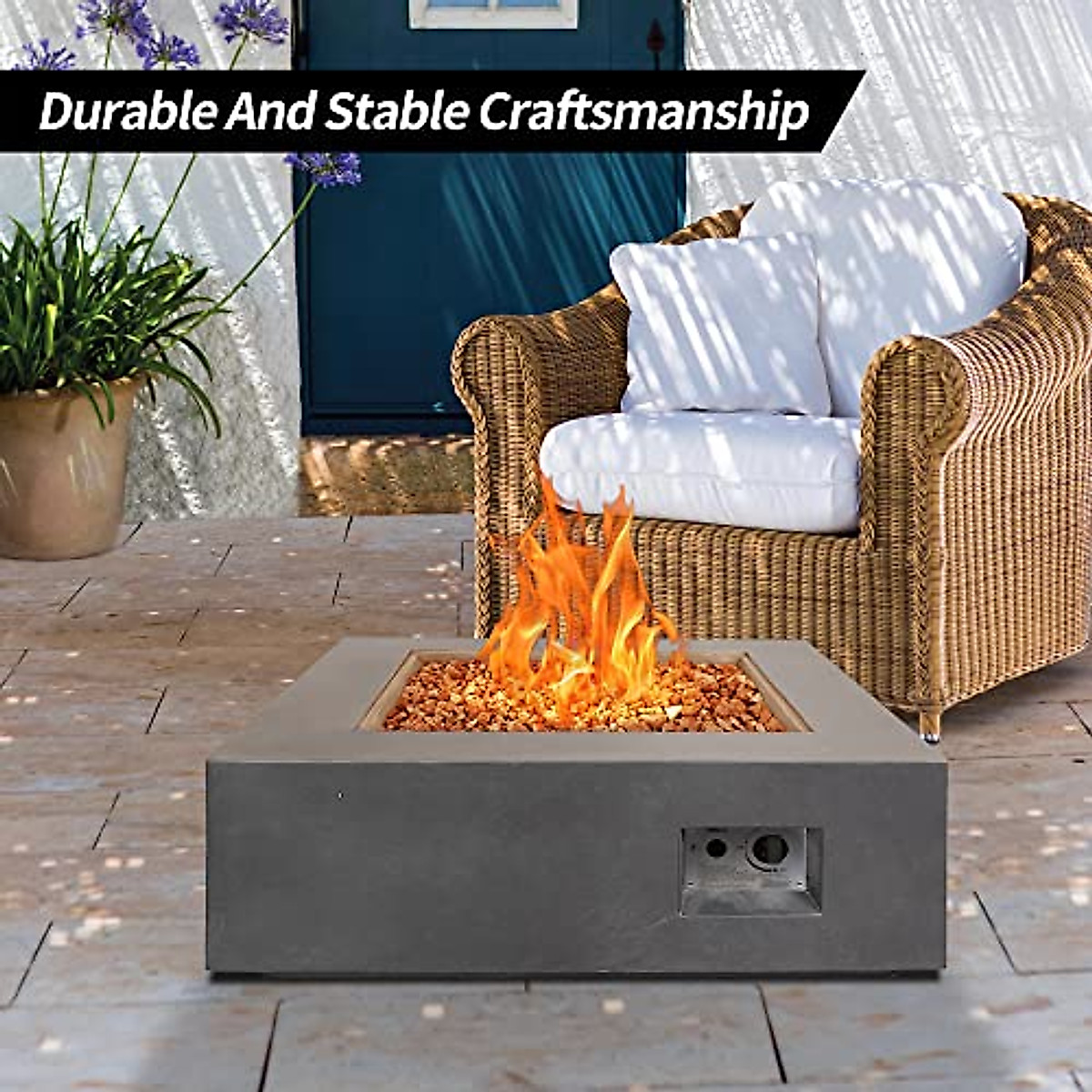 Kante 35 Inch Propane Fire Pit Table, Square Concrete Outdoor Fire Pit, 50,000 BTU for Outside Garden Patio Concrere Gray
