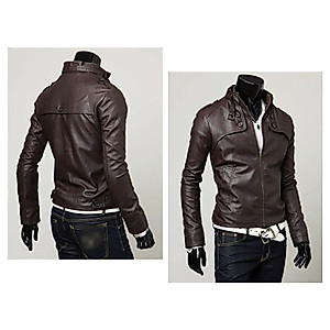 Maiyifu-GJ Men Stand Collar Faux Leather Jacket Regular Fit Stylish Motorcycle Jackets Lightweight Pu Vintage Outwear Coat (Dark Brown,Small)