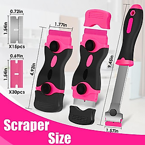 Razor Blade Scraper, THINKWORK 3Pcs Pink Razor Scrapers with 15pcs Metal and 30pcs Plastic Blades, Scraper Tool for Cleaning Paint, Decals, Adhesive, Caulk, Stickers, Glass, Labels, Window, Stovetop