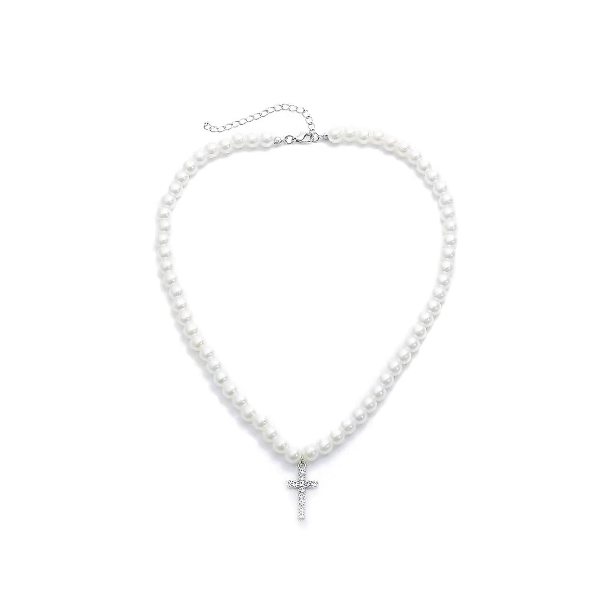 HILOLOA Pearl Necklace Cross Pendant Pearl Choker Necklaces Round White Fashion Pearl Necklace Hip-Hop Retro Cross Pendant Necklace for Women Men -cross
