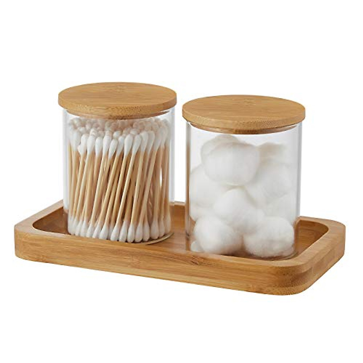 INIUNIK Glass Qtip Holder with Vanity Tray, Apothecary Jars Bathroom Accessories Bathroom Canisters Organizer Countertop Q Tip Holder for Cotton Ball Round Swab Pad Hair Ties Floss Perfume Jewelry