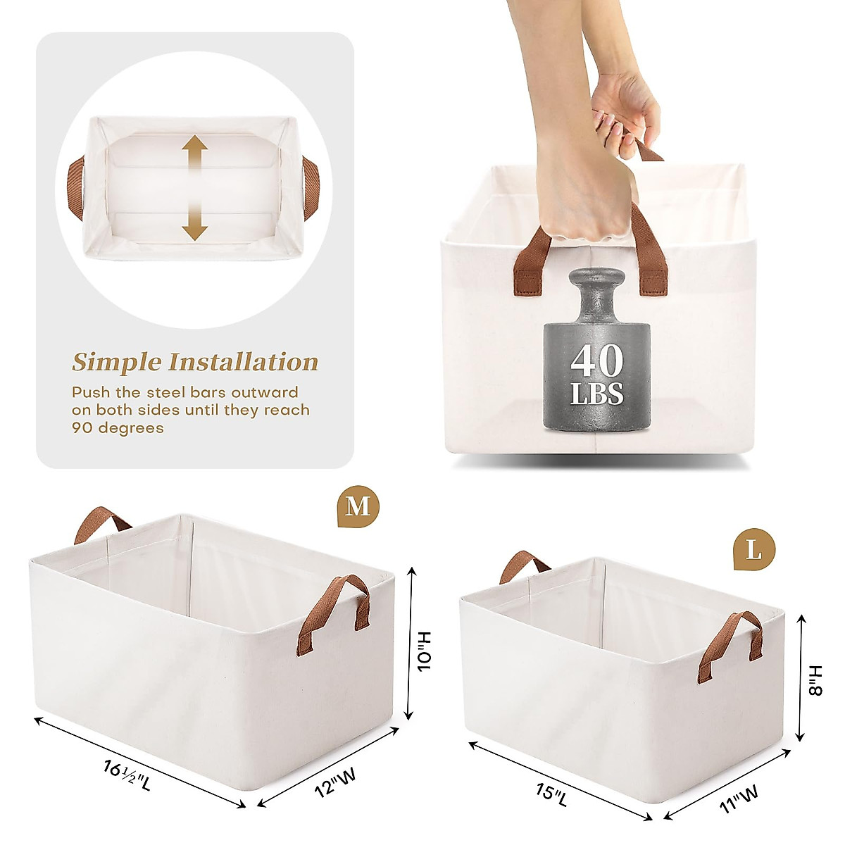 EEONDPU large storage baskets, closet storage bins, Canvas Fabric Storage Basket for shelves, basket organizers for shelf, storage bins for clothes (White 1 Pack, 16" L×12" W×10" H)