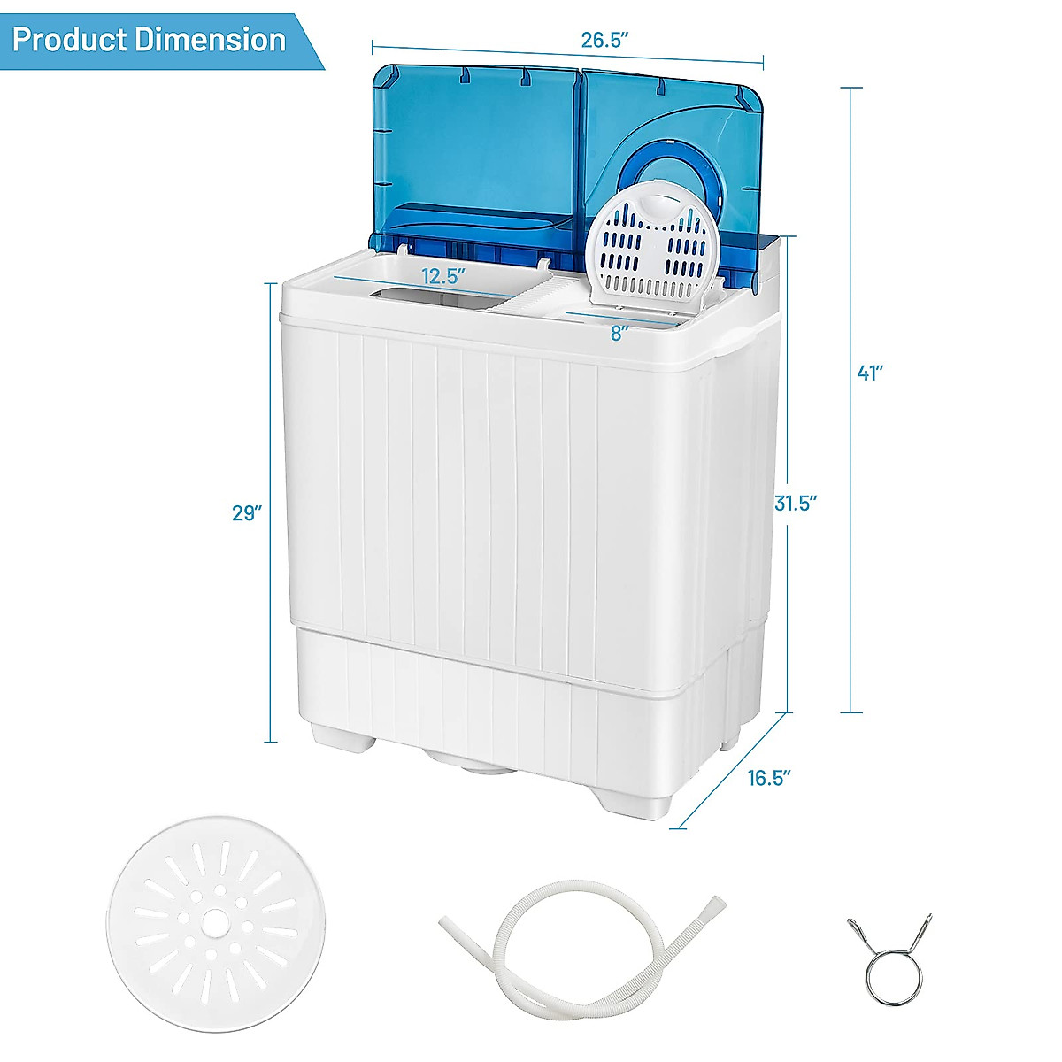 Giantex Washing Machine Semi-automatic, Twin Tub Washer with Spin Dryer, 26lbs Capacity, Built-in Drain Pump, Portable Laundry Washer, Compact Washing Machine for Apartment, Dorm and RV (White+Blue)