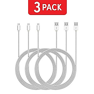 TALK WORKS Micro USB Cable 3 Pack 6ft Long Android Phone Charger Braided Heavy Duty Fast Charging Cord for Samsung Galaxy S6 / S7, Tablet, Bluetooth Speaker, Wireless Earbuds Headphones - Silver