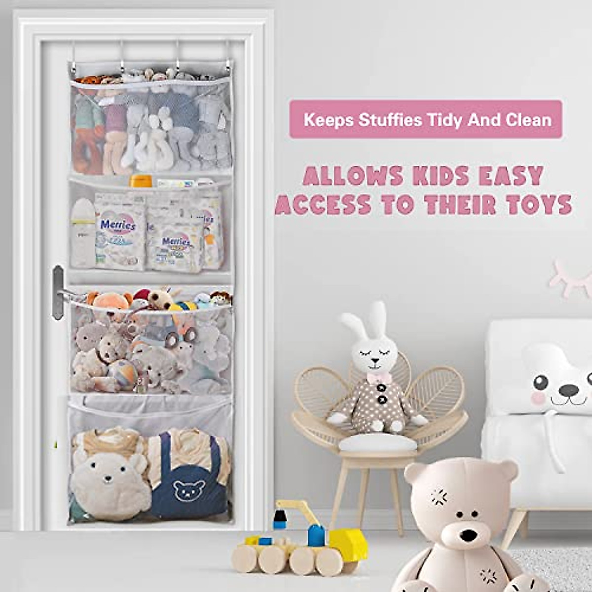 DBEES Stuffed Animal Storage, Large Capacity Over Door Stuffed Animal Organizer, 4 Expandable Mesh Net Pockets Breathable Hanging Plush toy storage, for Boys, Girls, Organizing Nursery, Bedroom