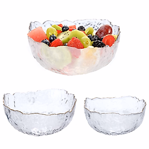 WHJY Glass Salad Bowl Set of 3, Mixing Bowls Decorative Fruit Bowl Serving Bowls for Kitchen,Clear Gold Rimmed Bowl Wide Rim Pasta Bowl