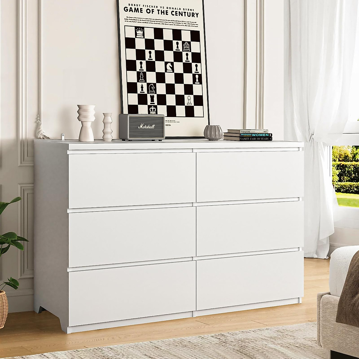 UZUGUL White Dresser for Bedroom, 48'' Modern 6 Drawer Dresser with Deep Drawer,Storage Chest of Drawer, Wood Dresser,Bedroom Dresser Furniture,TV Dresser for Living Room