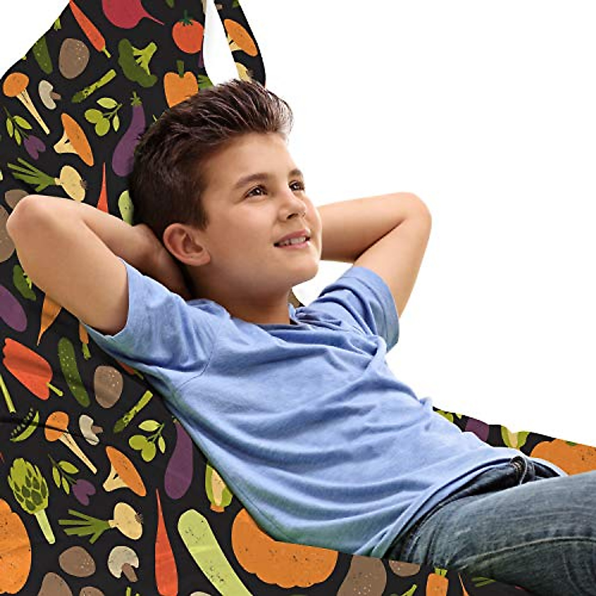 Lunarable Vegetable Lounger Chair Bag, Repeating Pattern with Various Healthy Fresh Foods on Dark Backdrop, High Capacity Storage with Handle Container, Lounger Size, Charcoal Grey Multicolor