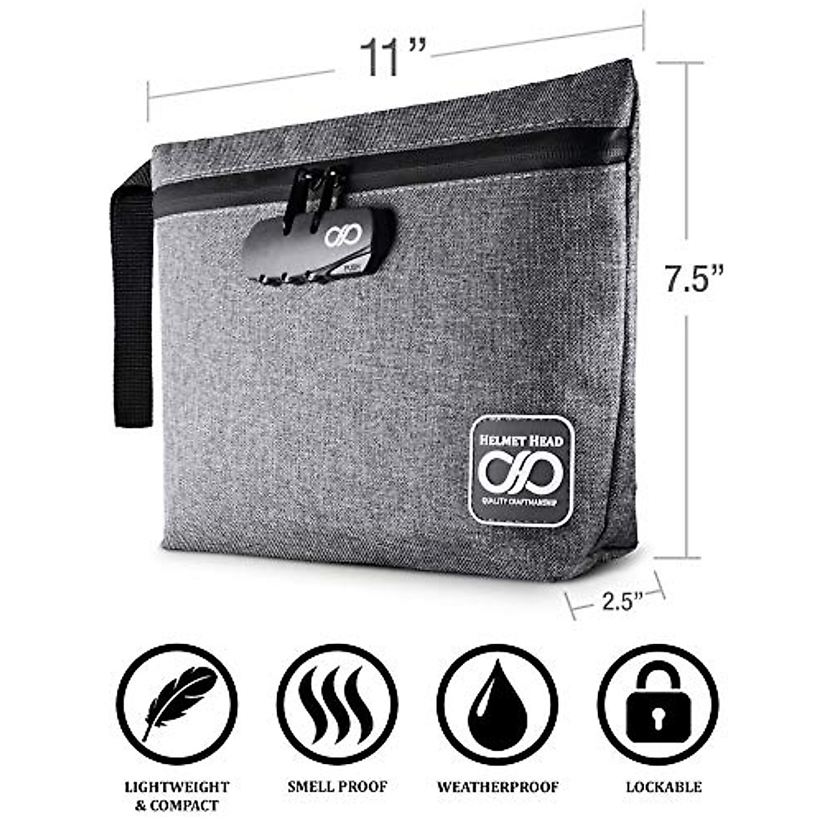 HELMET HEAD Smell Proof Bag with Combo Lock + Grinder Card | Durable Water Repellent Smell Proof Pouch Medicine Lock Box Stash Bag (New Gray)