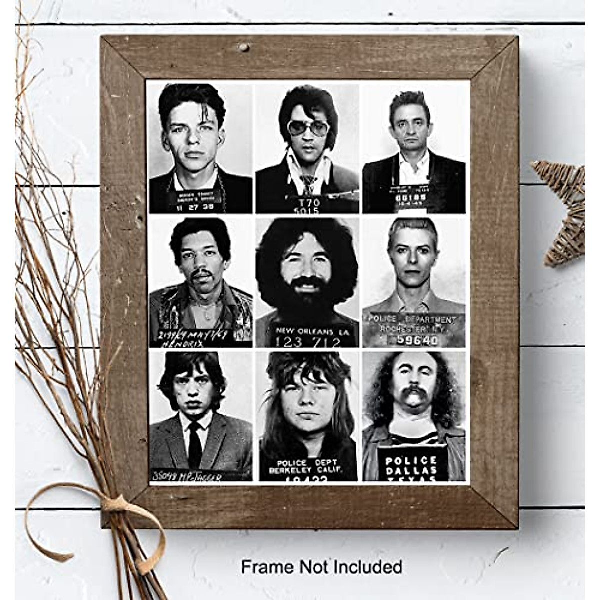 Musician Mugshot Bowie, Elvis, Johnny Cash, Jerry Garcia, Jimi Hendrix, Mick Jagger, Frank Sinatra, David Crosby, Janice Joplin Photo Wall Art - 8x10 Poster Print - Gift For Music Fans - Home Decor