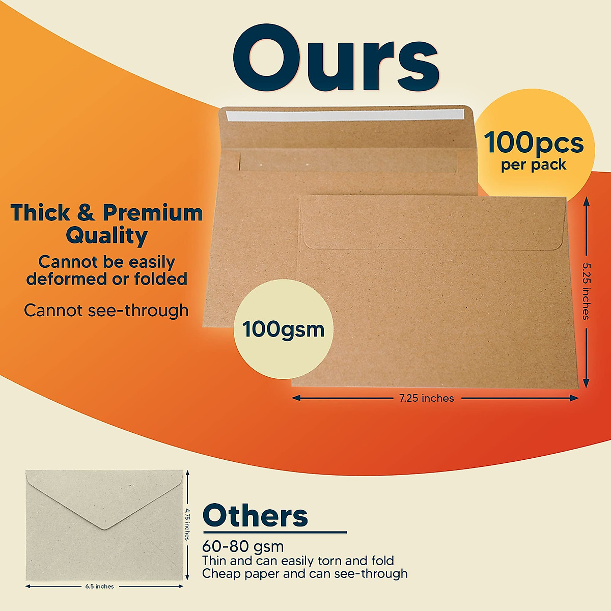 100 Pack A7 Brown Kraft Paper Invitation 5 x 7 Envelopes Quick Self Seal