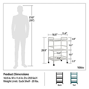 Ameriwood Home Marshall 3 Shelf Metal Rolling Utility Cart, Black