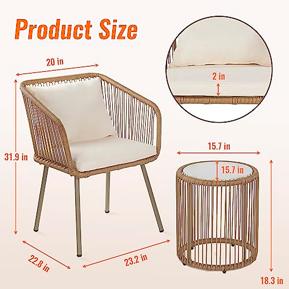 3-Piece Outdoor PE Rattan Bistro Furniture Set Patio Rattan Conversation Set Patio Furniture Set Glass Coffee Table Top and 2 Chairs with Cushions Lumbar Pillows for Yard Garden Porch Bistro, White