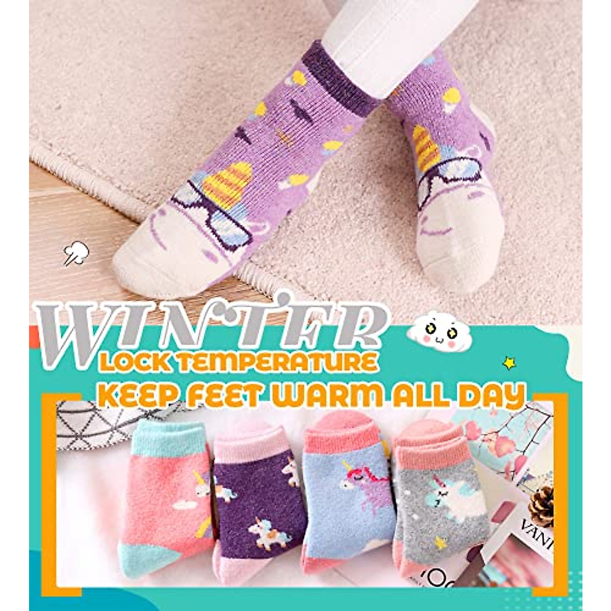 Velice Kids Merino Wool Hiking Socks Toddler Boys Girls Winter Warm Thermal Thick Cushion Crew Boot Socks 6 Pairs (Unicorn C, 1-3T)