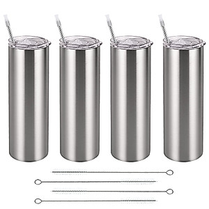 Qtencas Stainless Steel Skinny Tumbler Set, Insulated Travel Tumbler with Closed Lid Straw, Skinny Insulated Tumbler, 20 Oz Slim Water Tumbler Cup for Coffee Water Hot Cold Drinks, Set of 4, Silver